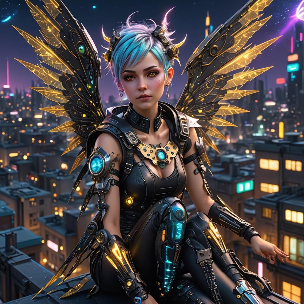 Surreal Biopunk Pixie Gazes at Stars in Neon Citys... - AI Art