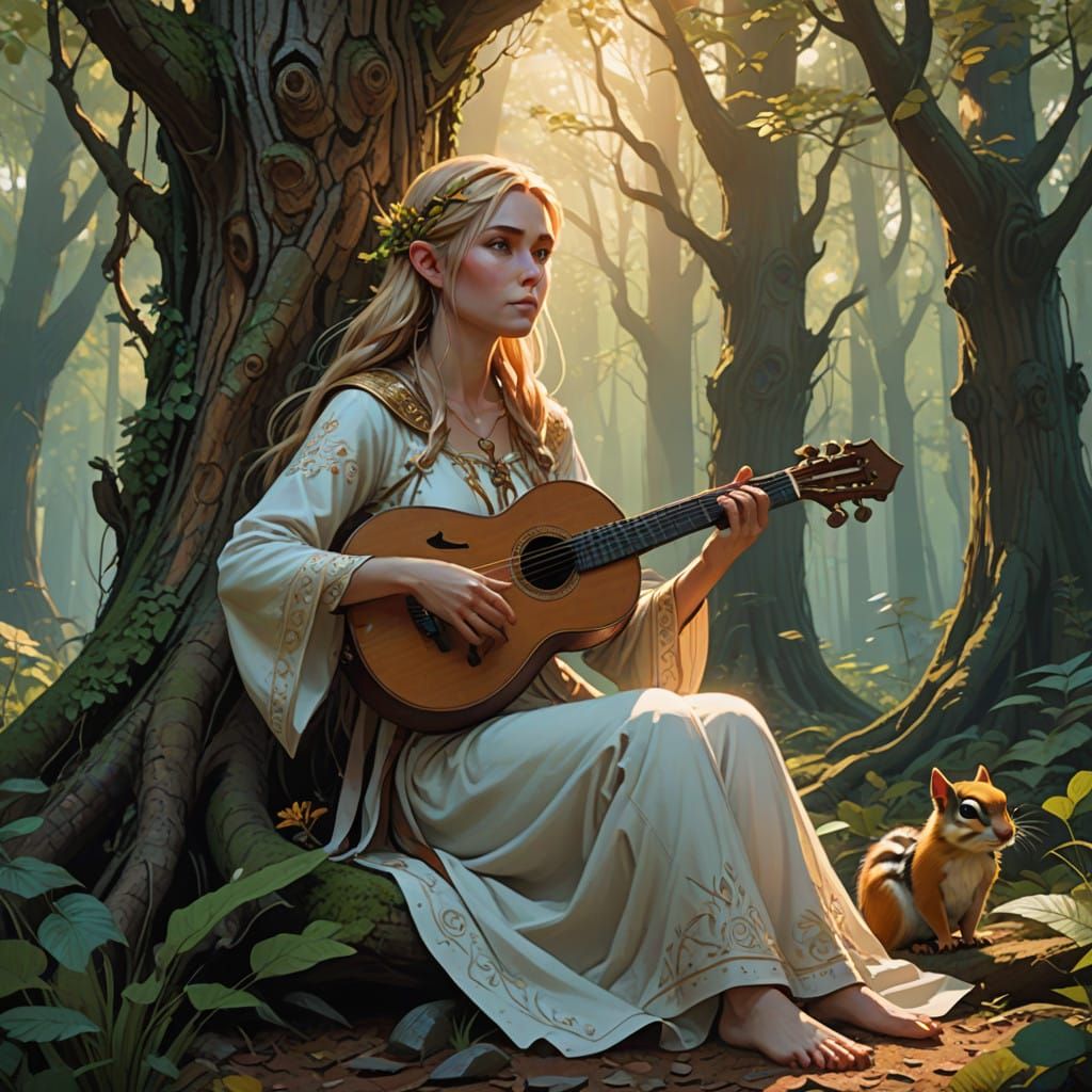 Elven Maiden Under Ancient Tree Plays Mandolin for... - AI Art