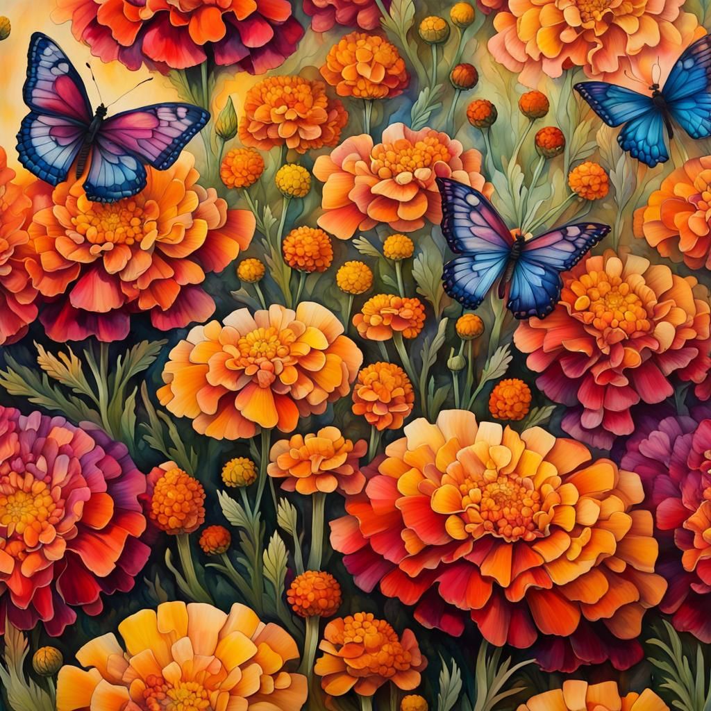 Multicolored Marigolds and Butterflies - AI Generated Artwork - NightCafe Creator