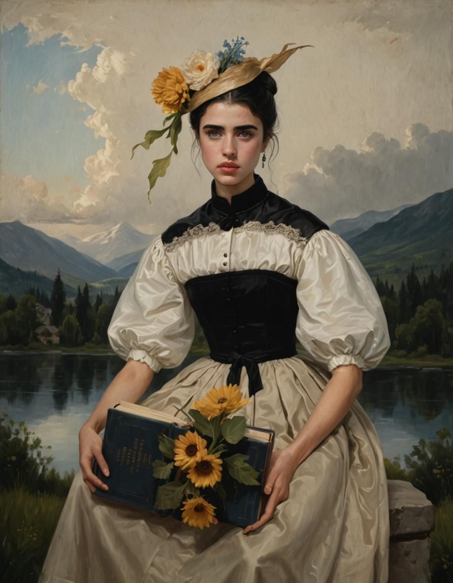 Margaret Qualley portrait, blue eyes, black hair bun, holding a book ...