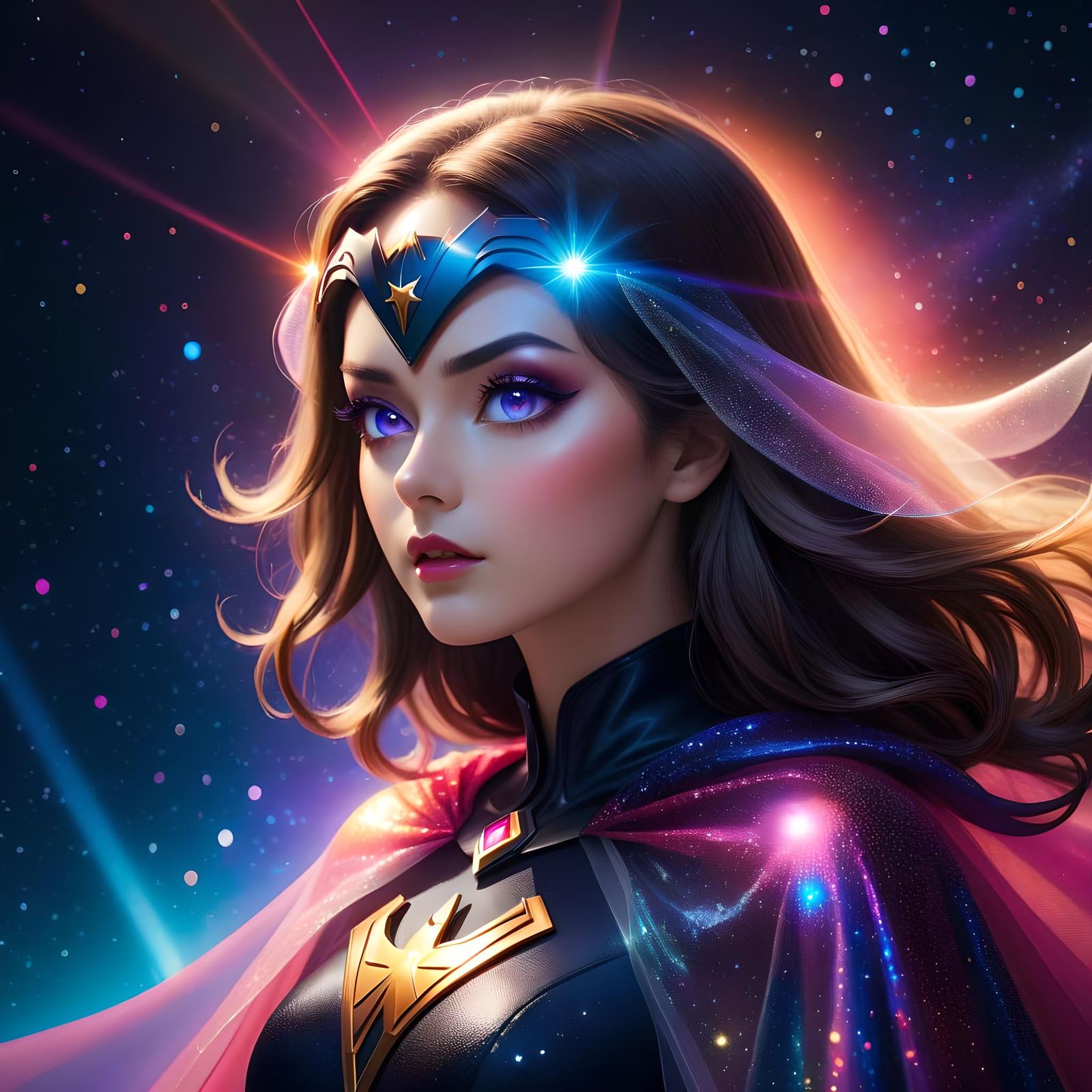 Closeup of the superhero of the night in a tulle cape with laser eyes, hypermaximalist ...