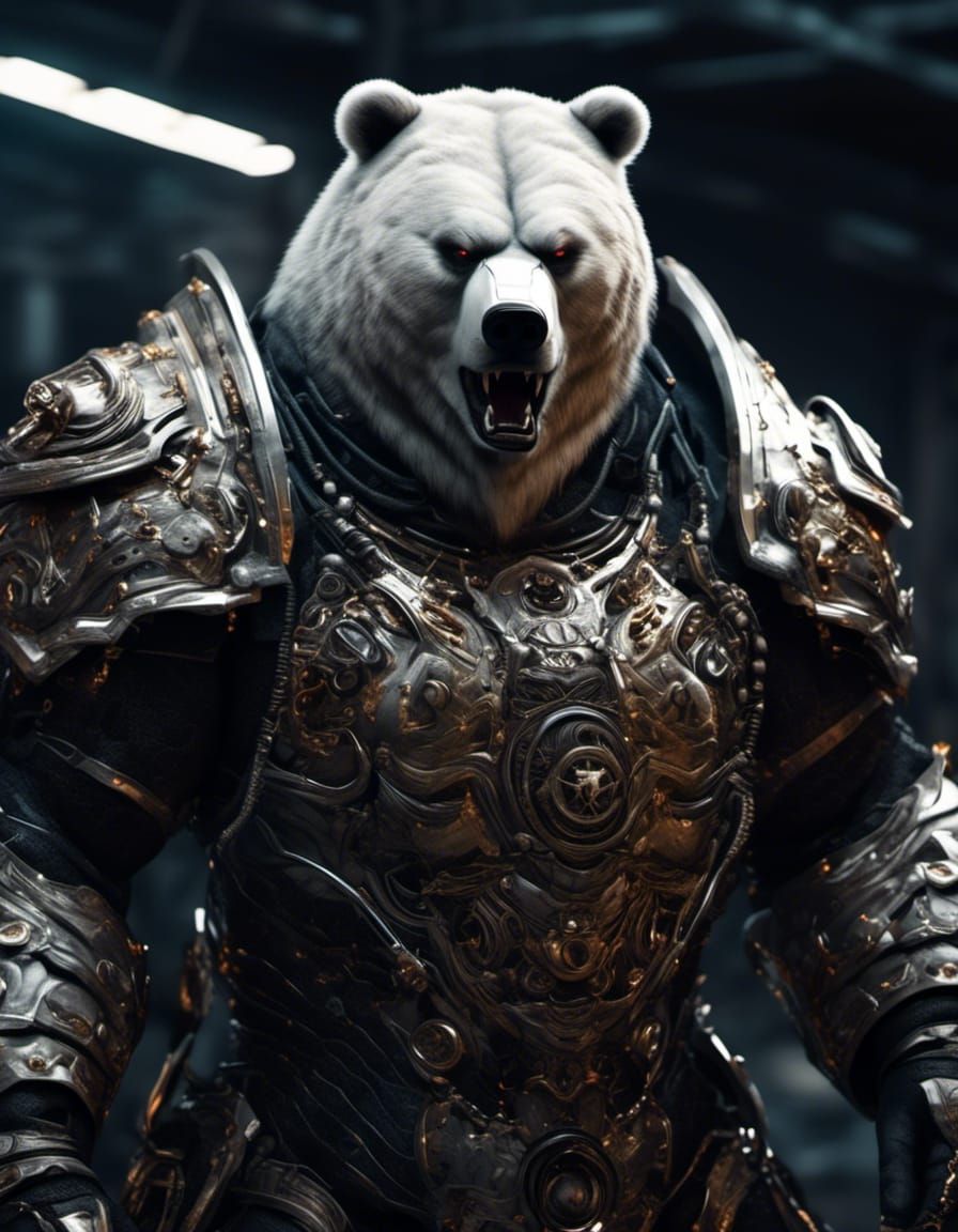 Photograph portrait of a Creepy soul-less cursed obese Bear Robot ...