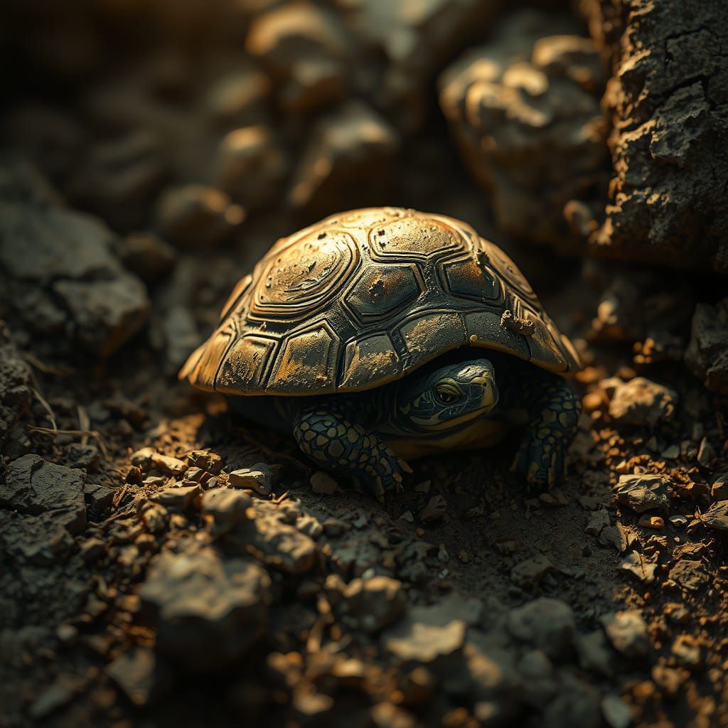 stunning image of a cute adorable turtle hiding in his shell, moody ...
