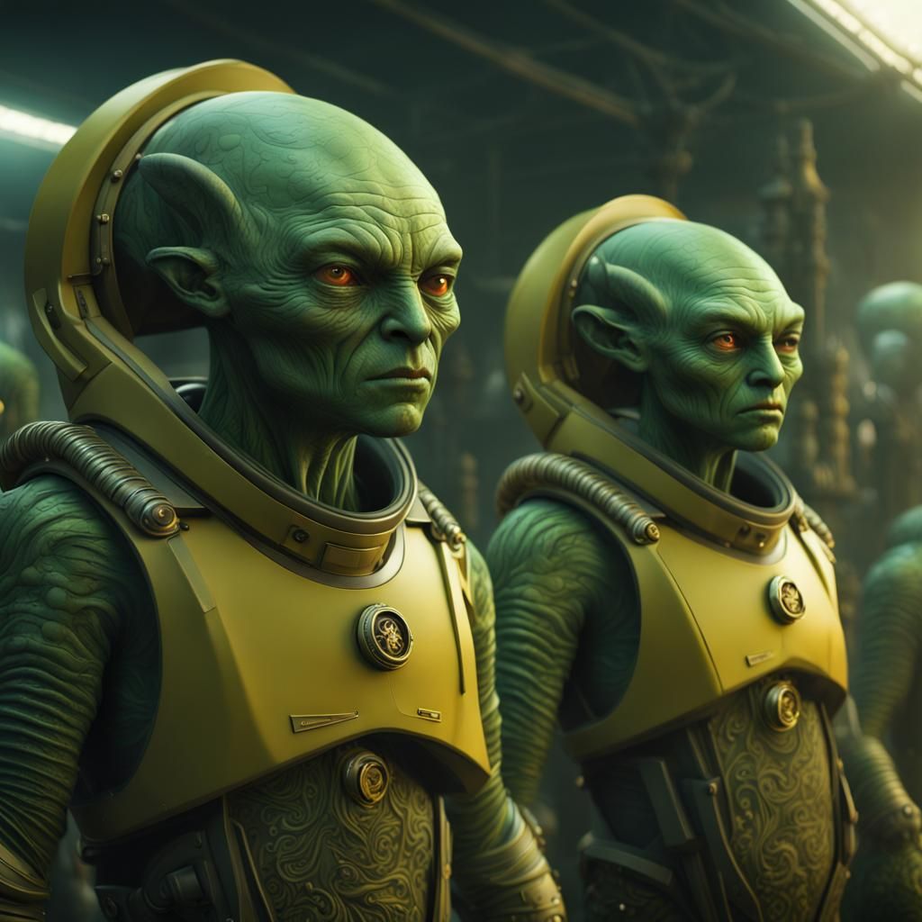 humanoid aliens guards with greenish skin, round heads big yes, yellow ...