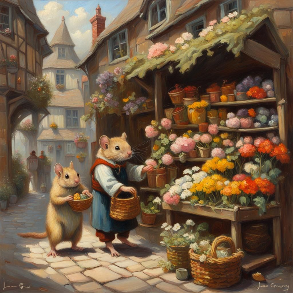 Dormouse shopkeeper selling flowers in a Little fairy town 1 - AI ...