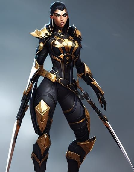 full body portrait of sleek elegant black mech female assassin, gold ...