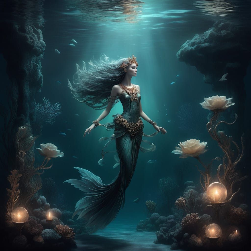 Gothic Ocean Sprite in Moonlit Underwater Realm - AI Art