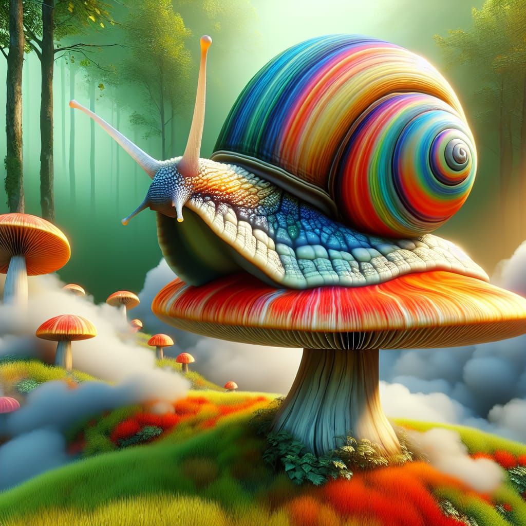 An adorable large snail with a colorful striped shell sitting on a ...