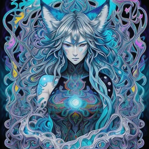 Mystical wolf spirit with flame-like fur in Celtic inspired clothing sharp focus Celtic folklore ...