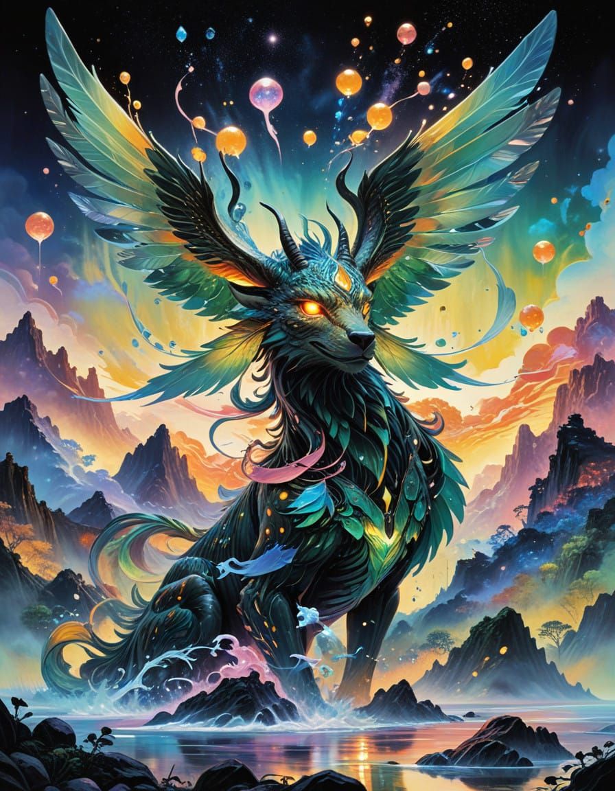 Ethereal Fantasy Canid with Tribal Tattoos and Anc... - AI Art