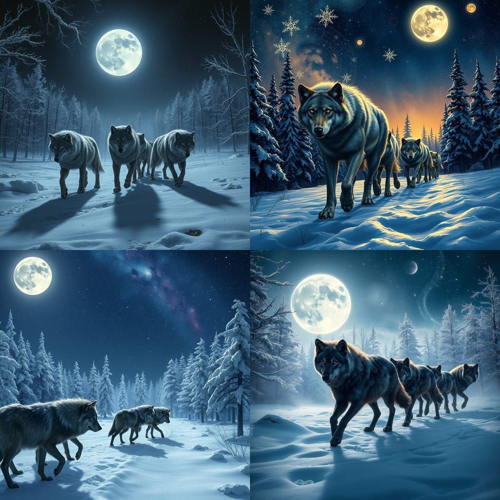 Moonlit Wolves Roam Galactic Forest Under Full Moo... - AI Art