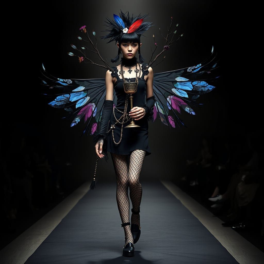 High fashion runway catwalk, Cubism goth woman with geometry wings on ...