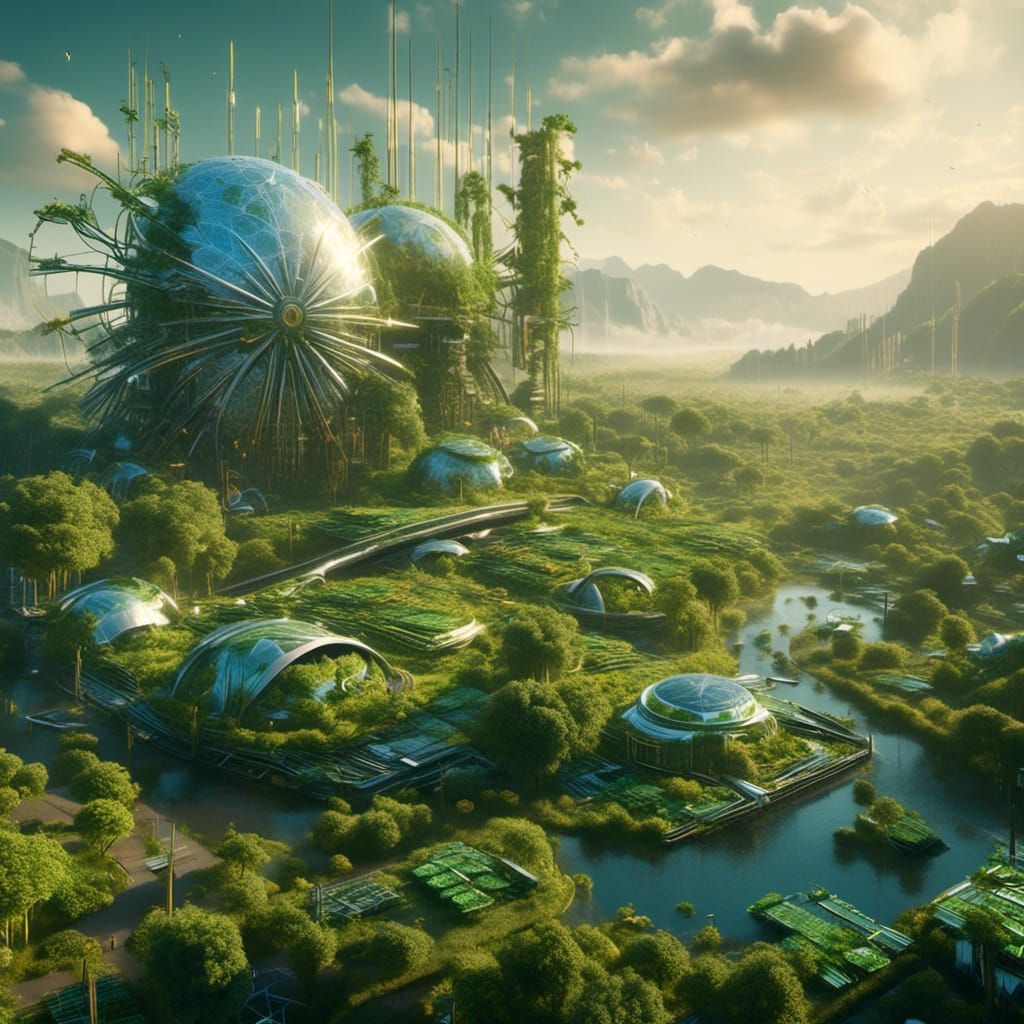 futuristic ecological agriculture farm with a lot of nature and people ...