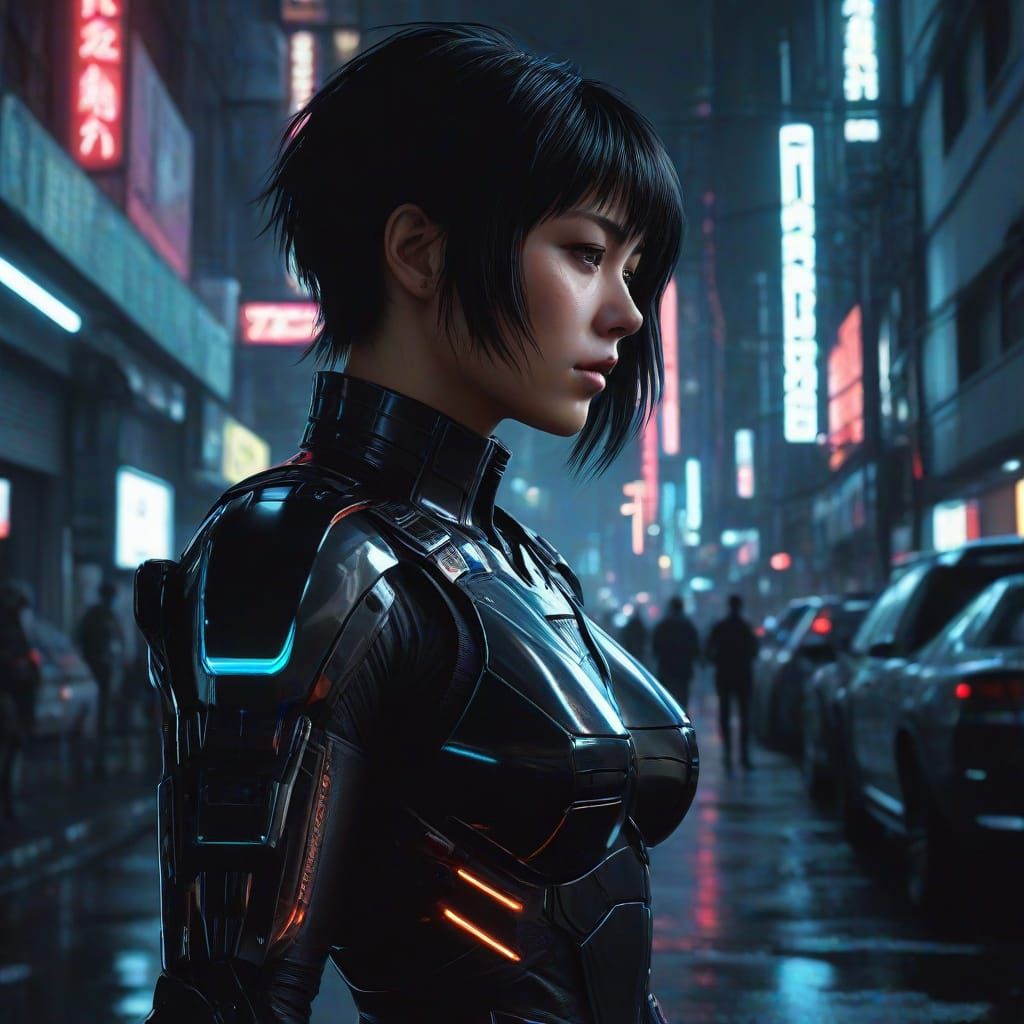 Motoko, Juggernaut - Cyberpunk Goddess in Neon Noir Cityscap...