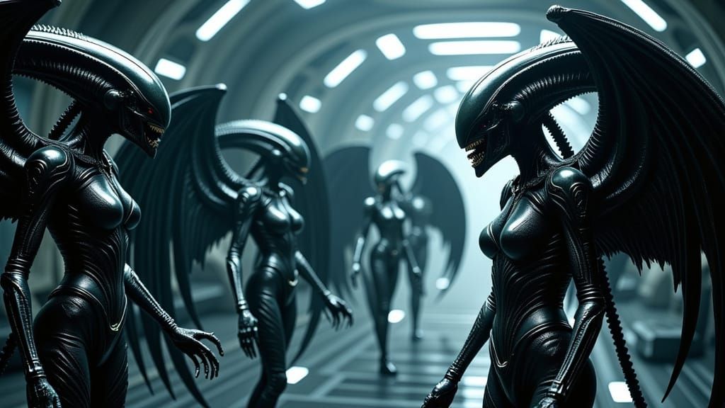A group of Xenomorph Dark Angels - Cyberpunk Xenomorph Dark...