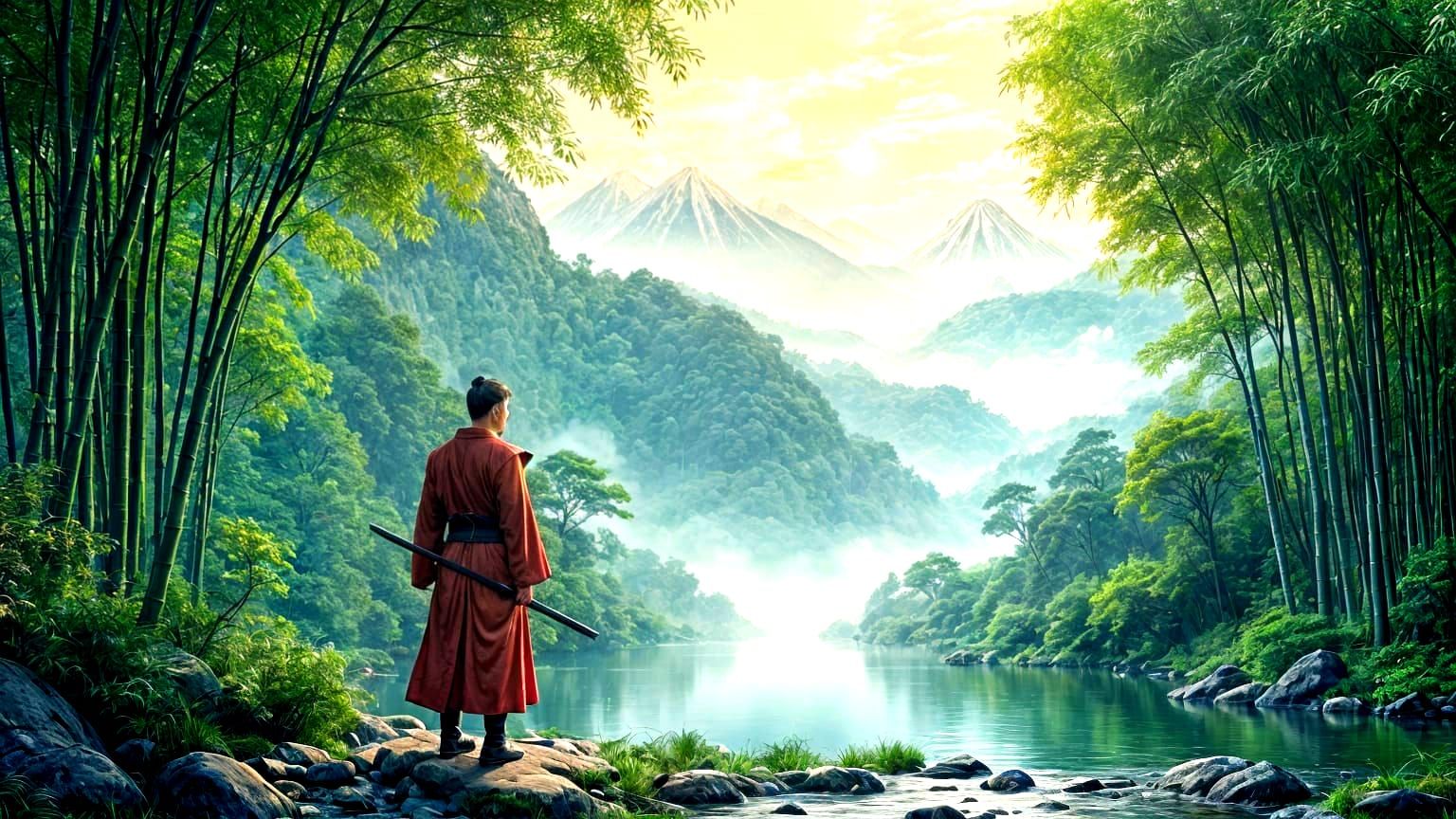 Samurai in Bamboo Forest: Japanese Woodblock Print... - AI Art