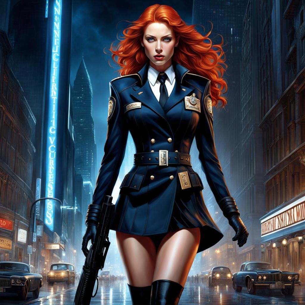 beautiful redhead woman dressed as a night security guard at night ...