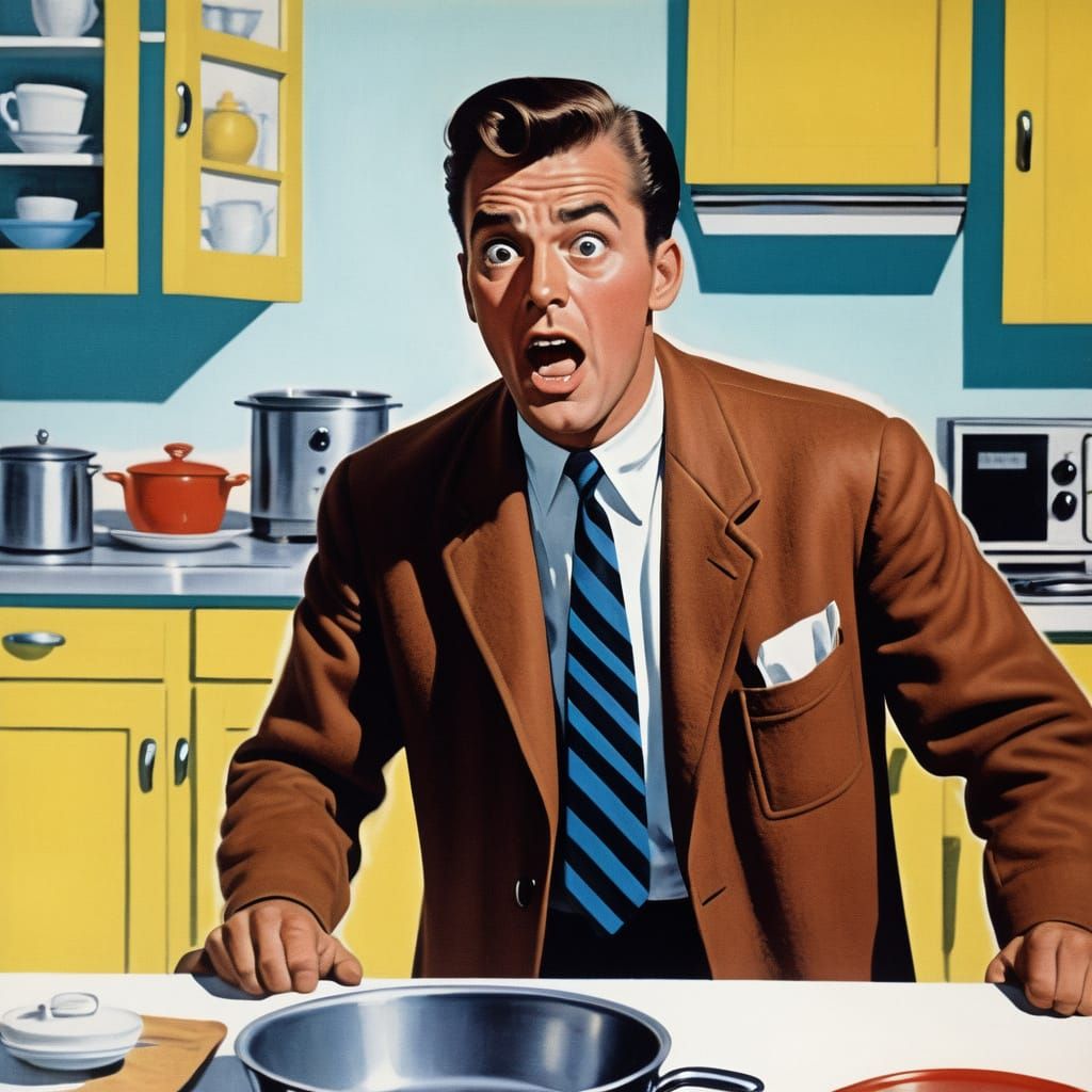Man in 1960s Comic Style Kitchen Chaos - AI Art