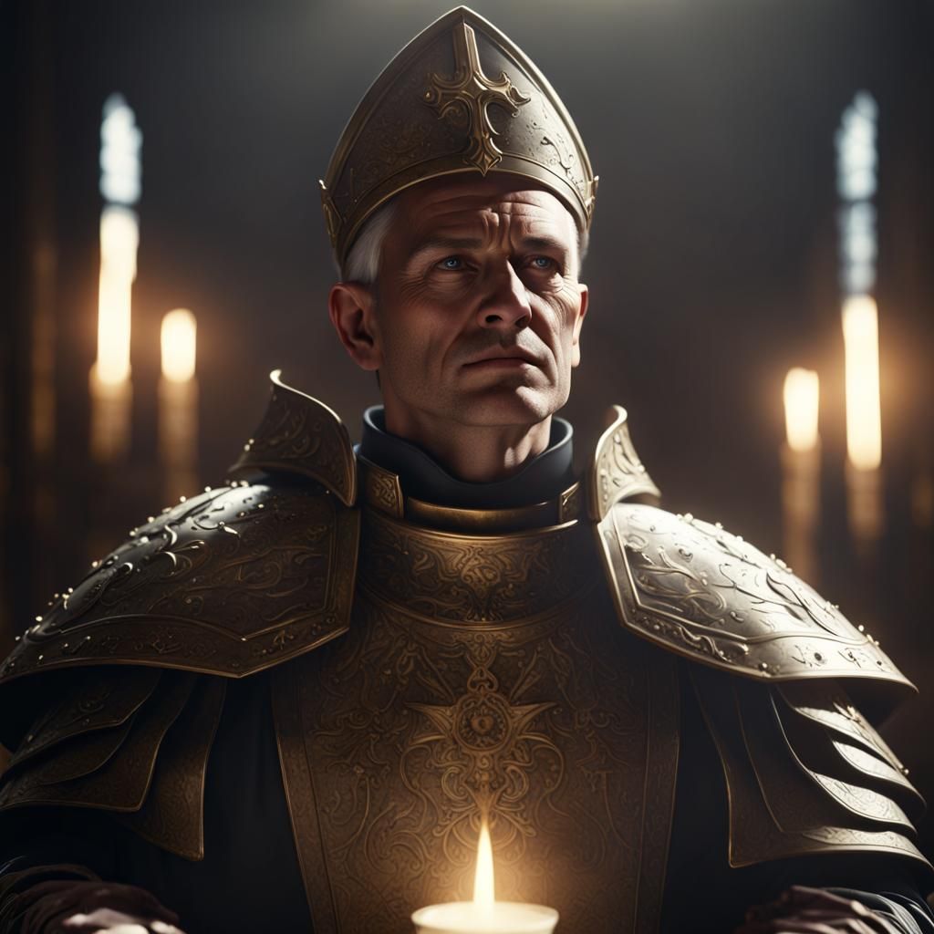 Priest in a religious armor getting ready for exorcism, photorealistic ...