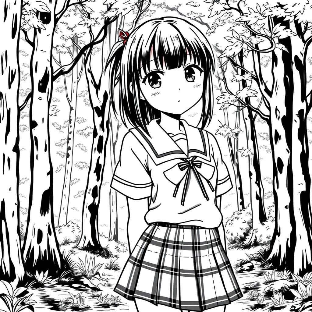 Charming Manga-Style Schoolgirl in a Serene Forest - AI Art