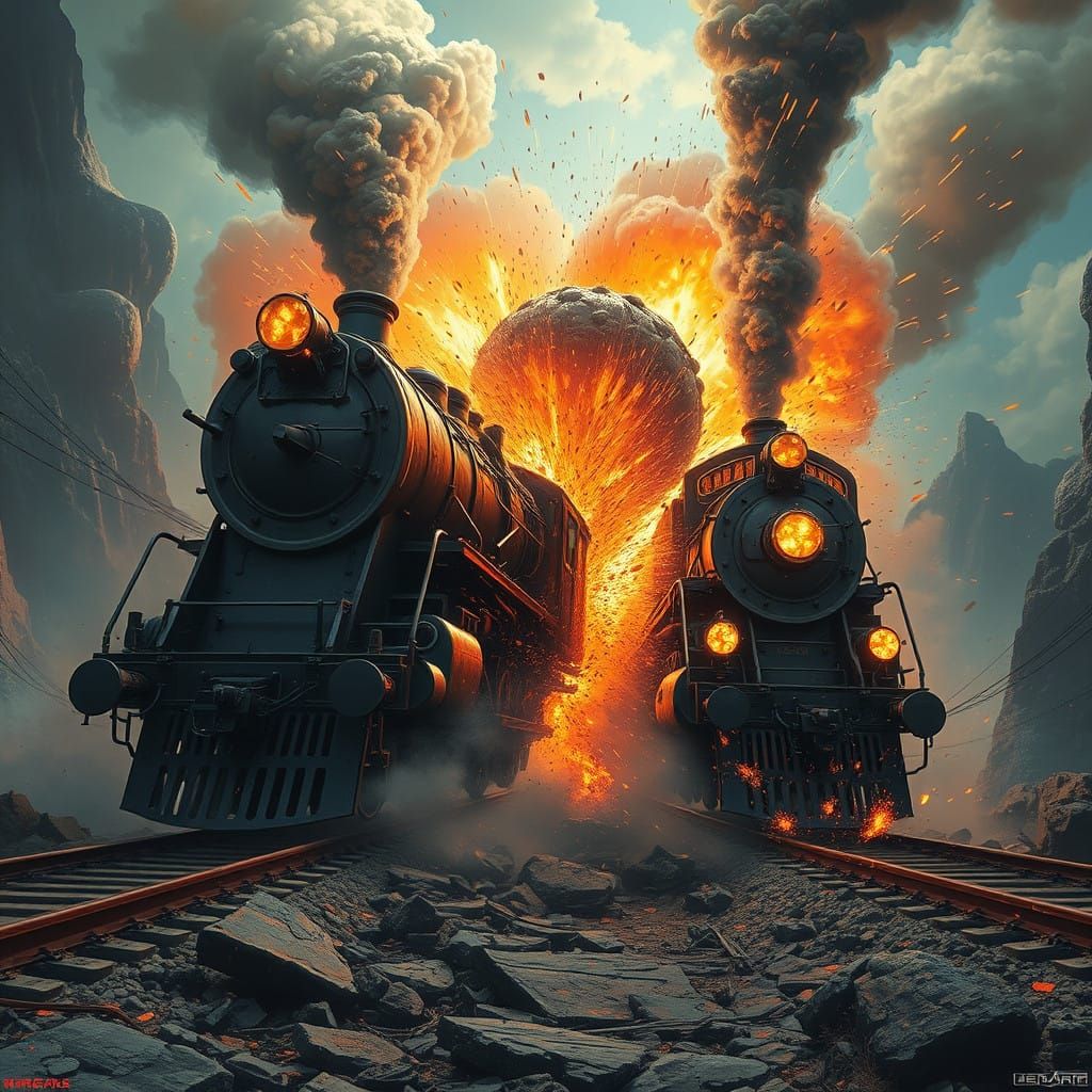Explosive Train Collision in a Fantastical Landsca... - AI Art