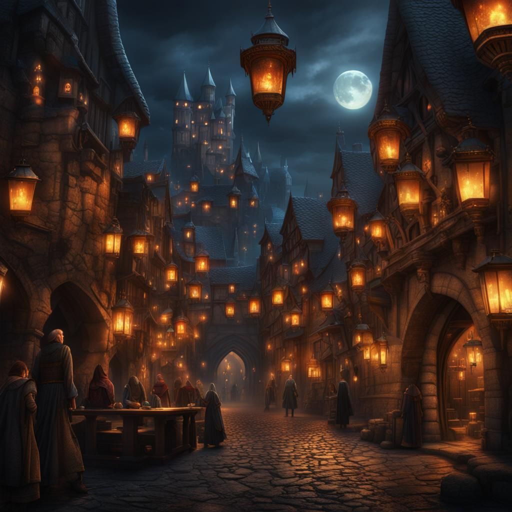 Medieval city lit with lanterns Epic cinematic brilliant stunning ...