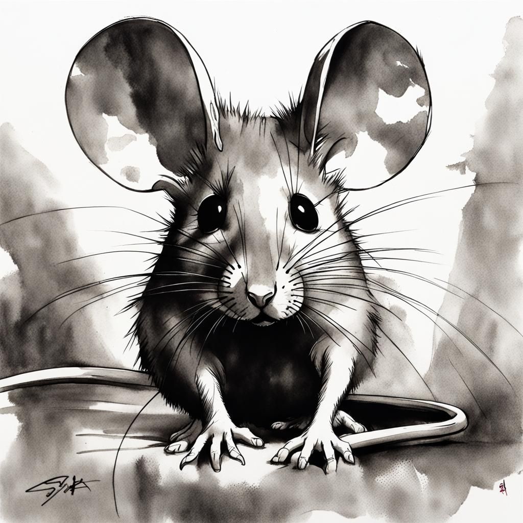 Drawing of a mouse, black and white, concept art, sumi - e style ...