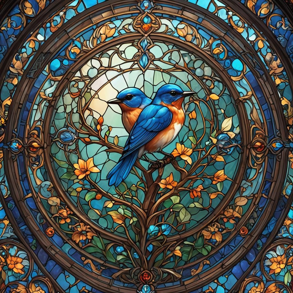 STAINED GLASS BLUEBIRD ROUND detailed. detailed matte painting, deep ...