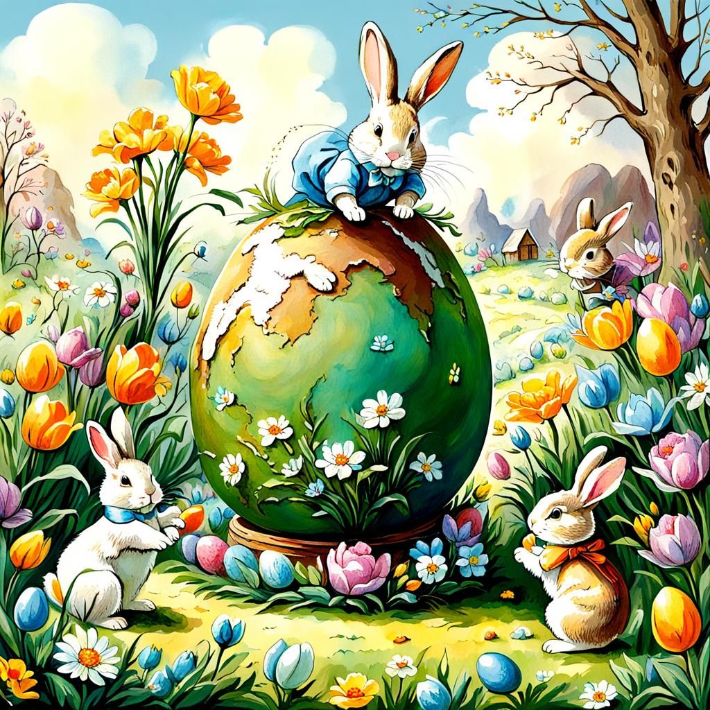 Easter scene, sturning illustration. A beautiful bunny woman paints ...