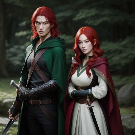 Young black-haired swordsman with a longsword standing with a young red ...