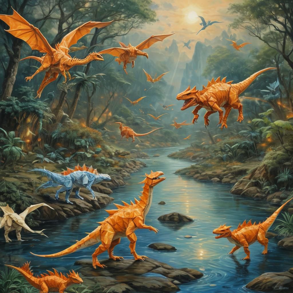 Oil painting in the whimsical style of Luis Royo featuring origami dinosaurs floating gracefully ...