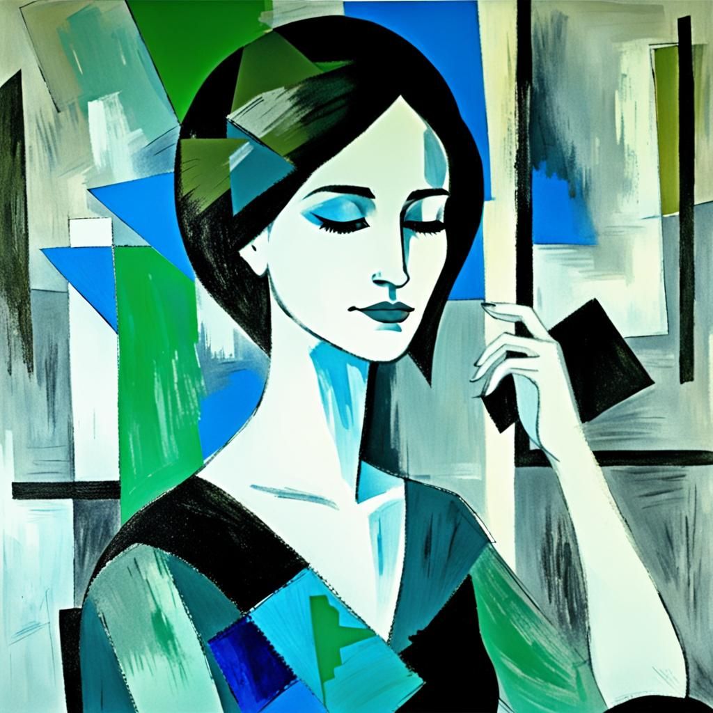 Woman in Fragmented Cubist Room with Book and Subt... - AI Art