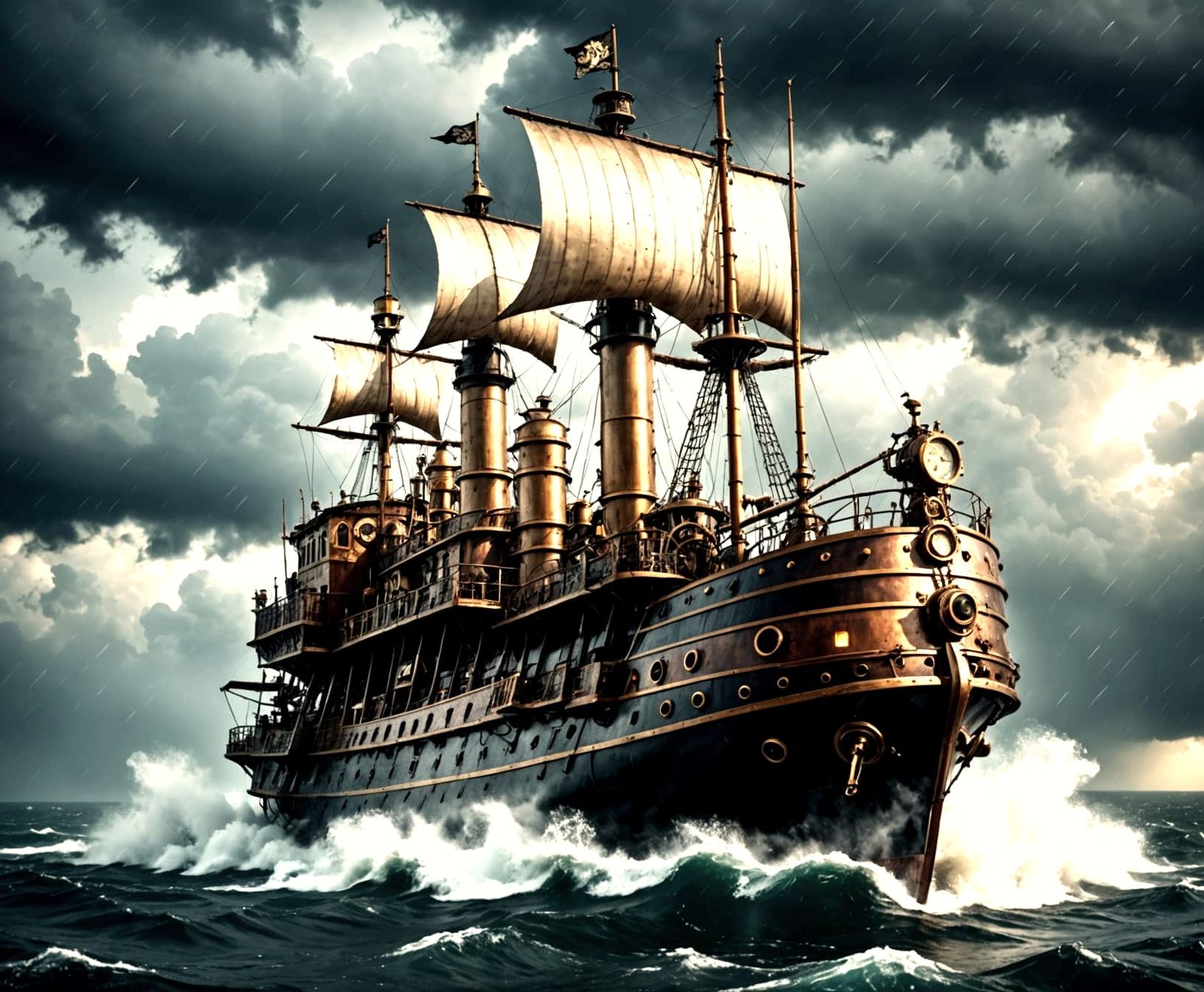 Steampunk style ship in a storm - Victorian Era Warship Bat...
