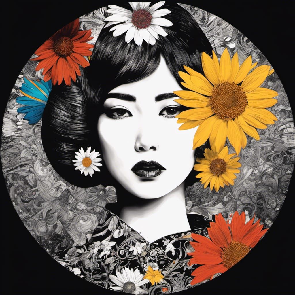 Geisha Black and white drawing daisies and Bohemian woman fractals ...