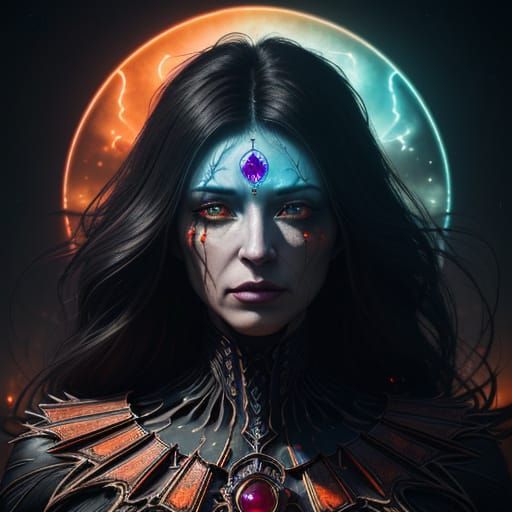 Ethereal Goddess of Ruby Rust and Celestial Light - AI Art