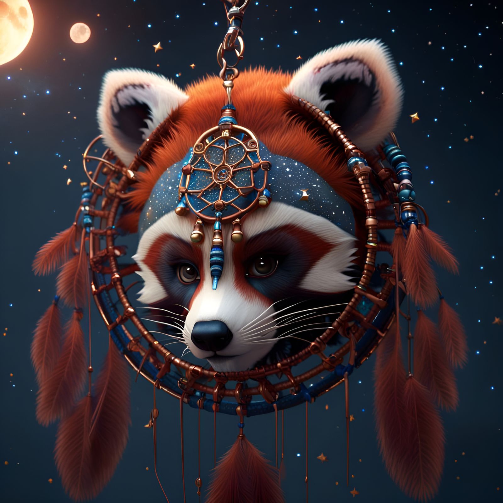 A Indian dream catcher with a red panda head in the center with a stary ...