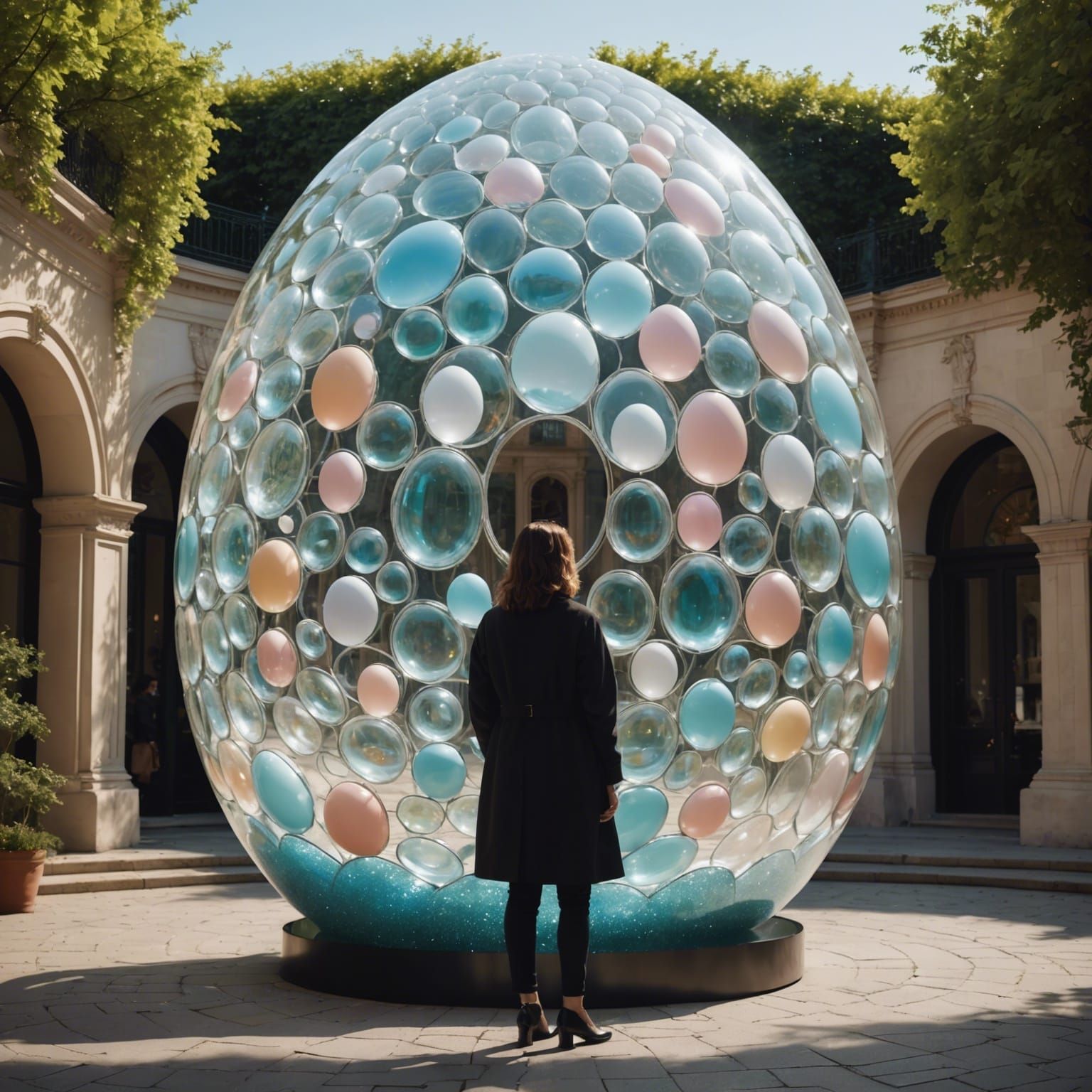 A woman standing in a life-size dream world shaped like a glass egg ...