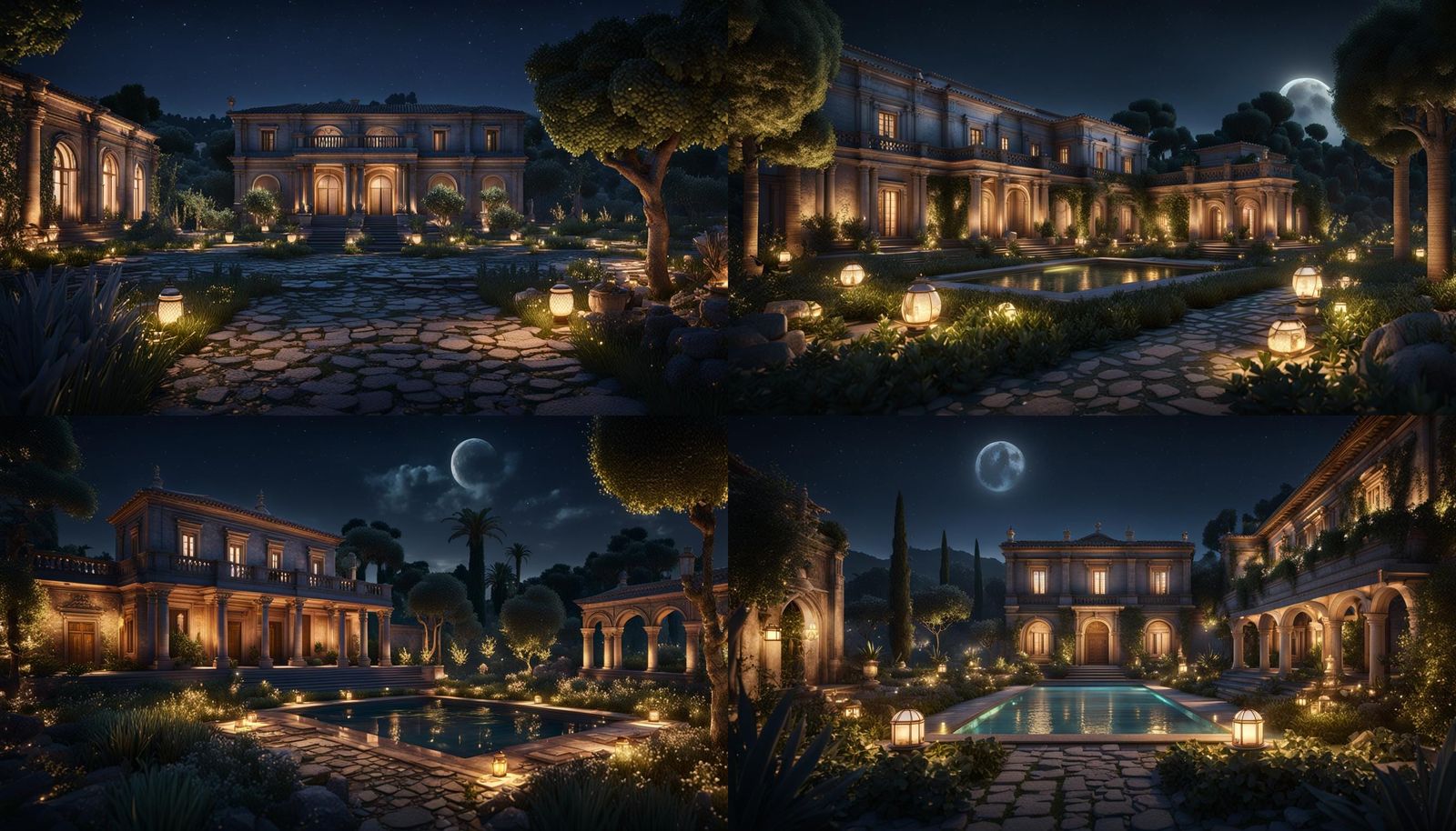 a roman-style villa surrounds a lush, mediterranean garden at night. 3D ...