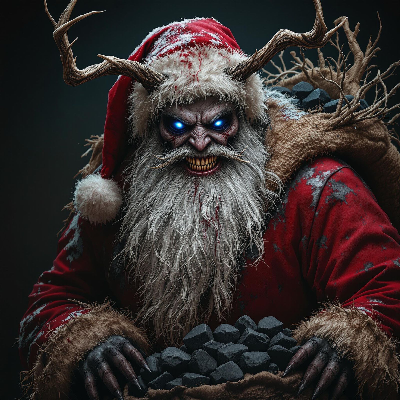 Photorealistic full body picture of A evil dark Santa. His once-red ...