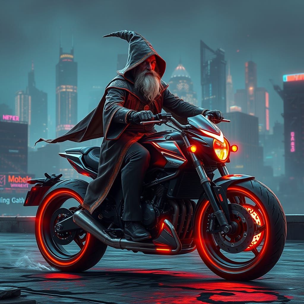 Wizard on Futuristic Motorcycle in Dystopian Citys... - AI Art