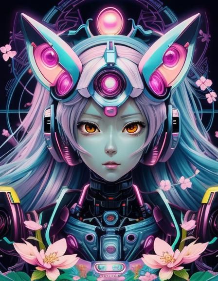 (cute anime art of a cute Robot Girl Robot in pink tones with cherry ...