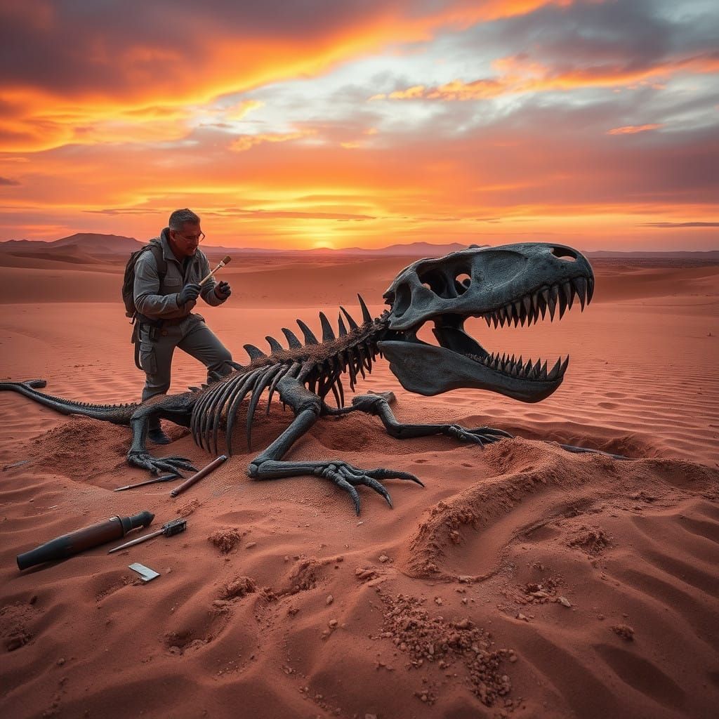 A breathtaking scene of a scientist in the desert, uncovering a long ...