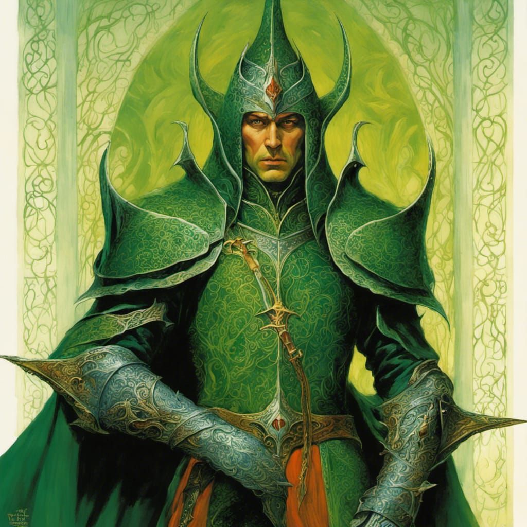 Sauron in green ornated elvish armour, elvish style, arabesque, by ...