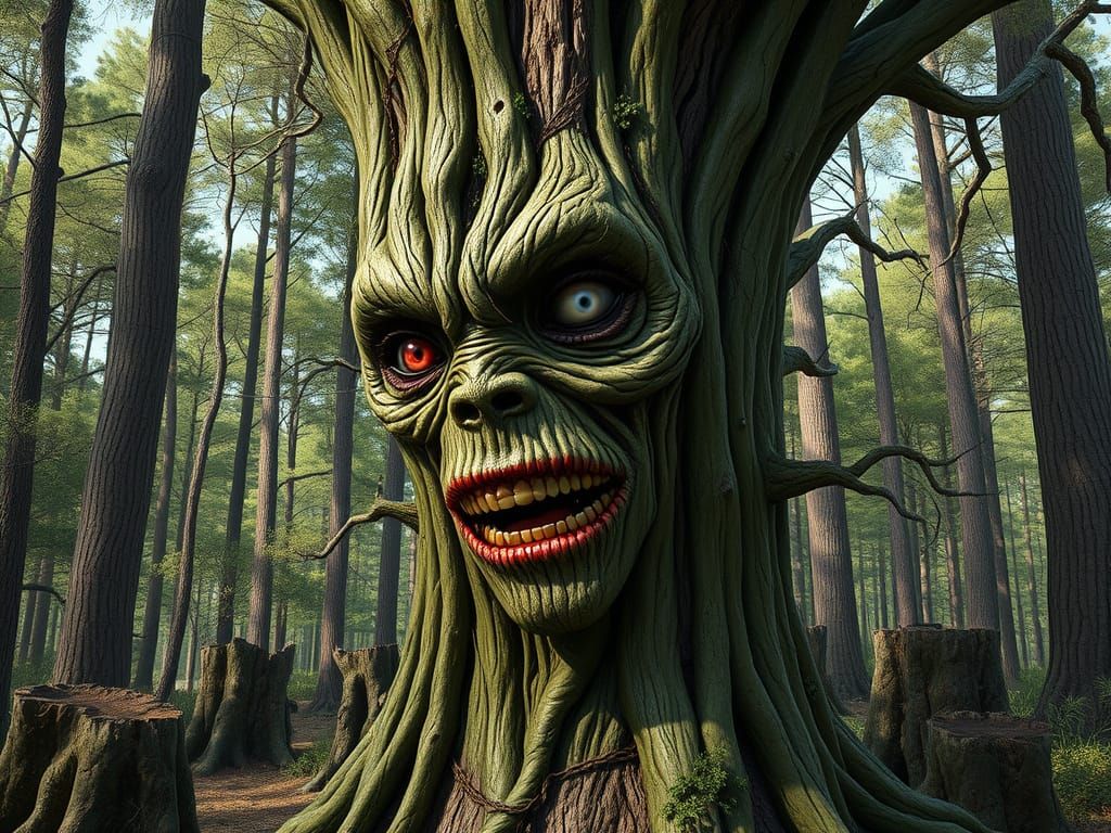 Hyper-Realistic Tree Creature with Creepy Red Eyes - AI Art