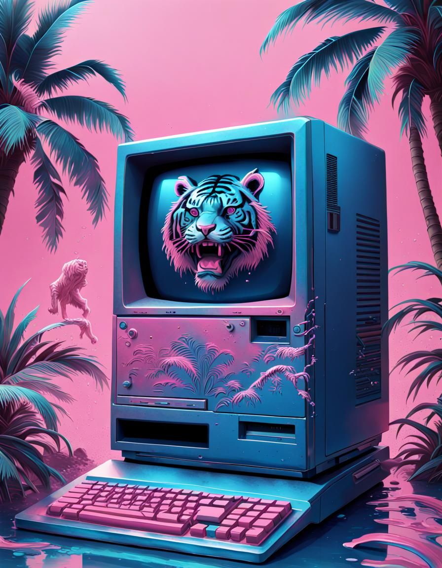 vaporware aesthetic tigers palm trees and old computer Yen symbol early ...