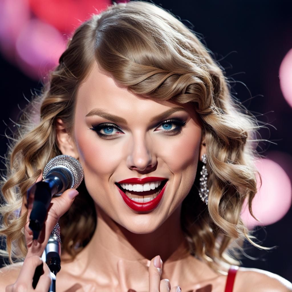 a close-up of Taylor Swift's smiling face singing on tour in Brazil, wearing a super sensual ...