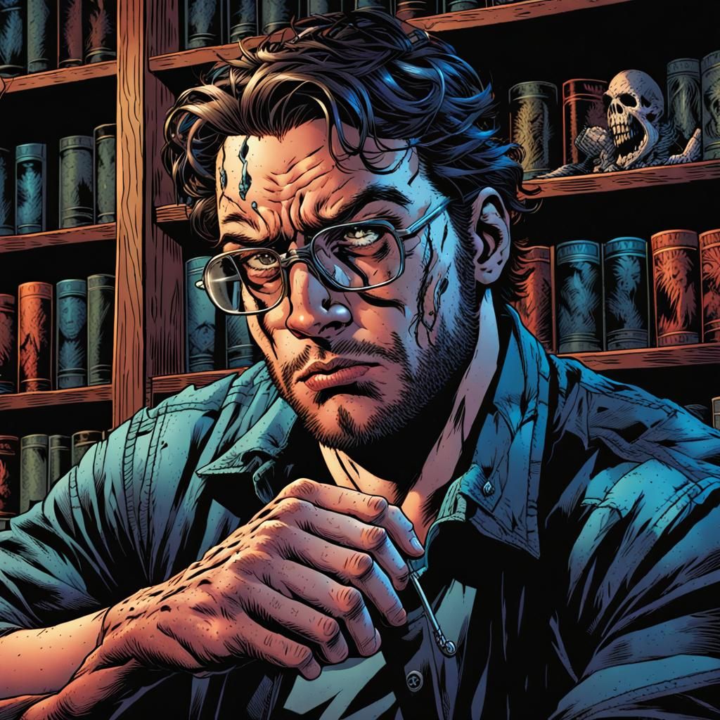 Man sitting in a library, holding his broken, shattered spectacles ...