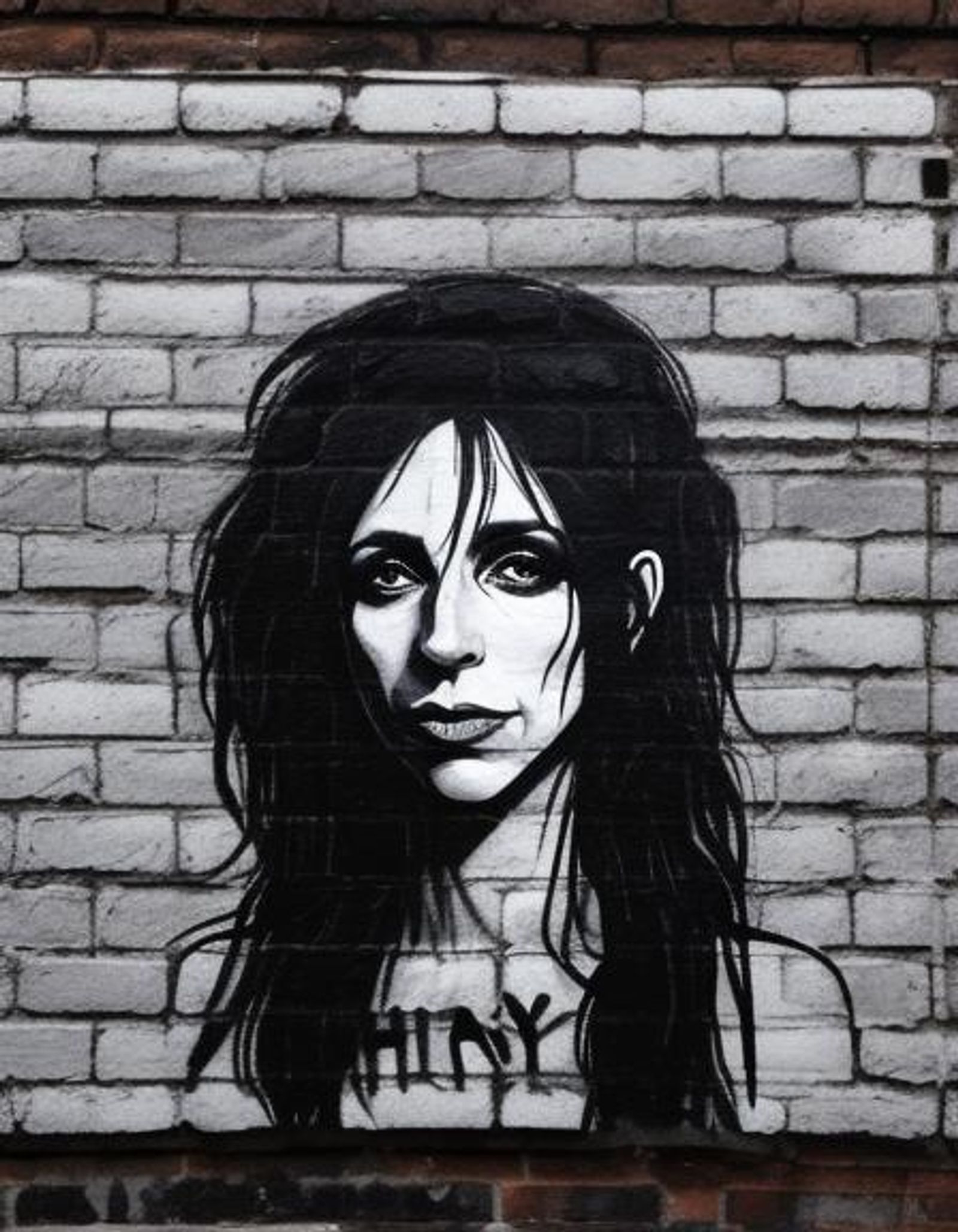 pj harvey black and white graffiti art on a brick wall - AI Generated ...