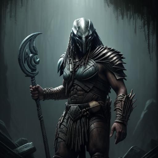 charcoal image of the predator walking up the steps of a mayan pyramid ...