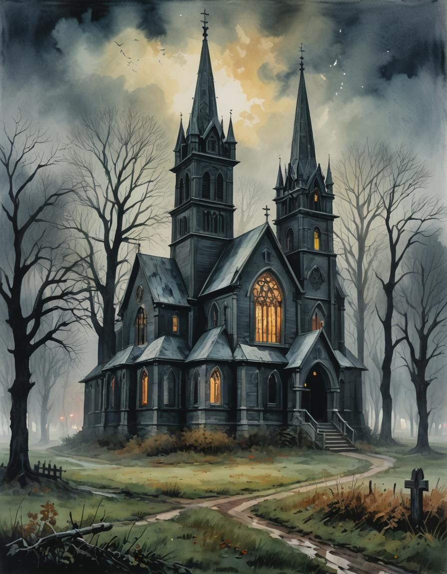 gothic dark midwest country church foggy spooky countryside eerie ...